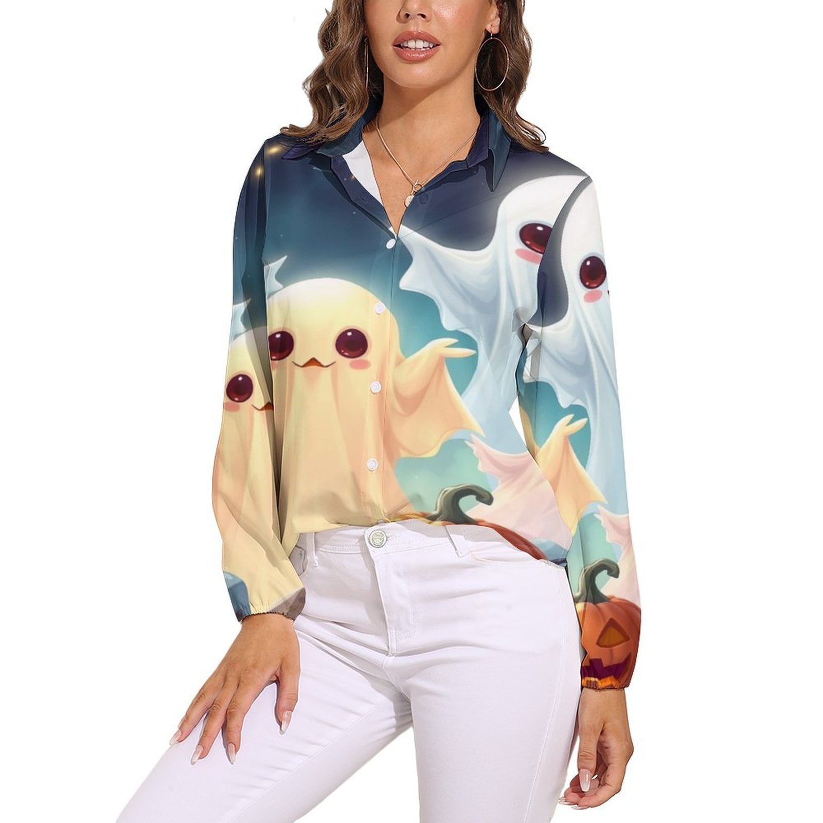 Cute Ghosts Halloween Pumpkin Fun Blouse Female Long Sleeve Casual ...