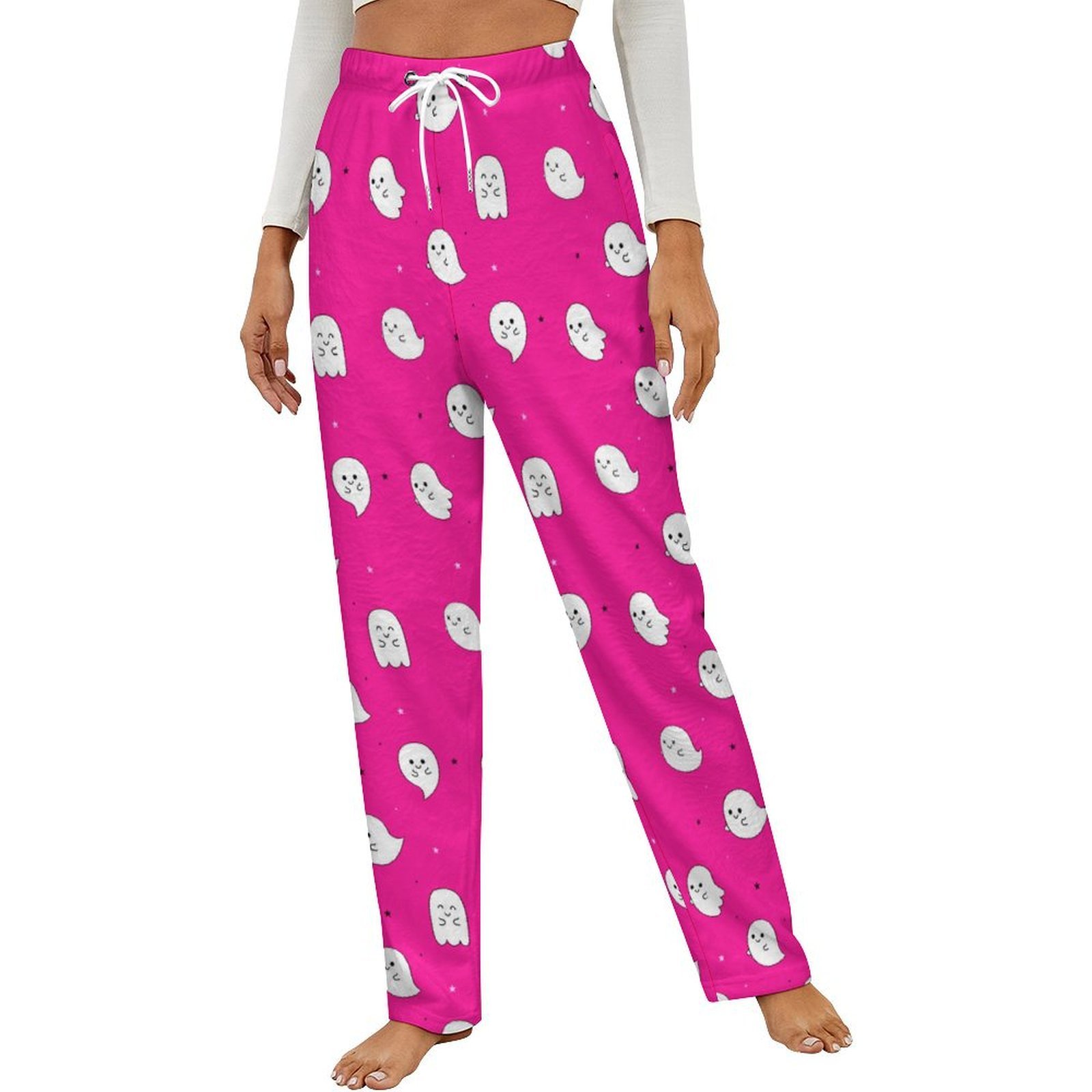 Cute Ghosts Halloween Themed Pink Pattern Winter Female Pants Flannel ...