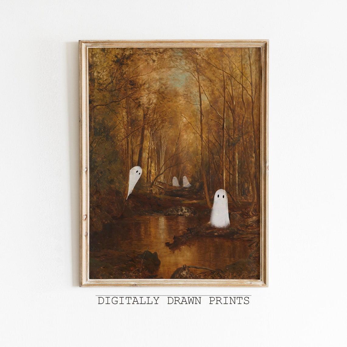 Cute Ghosts In Autumn Forest Vintage Painting, Spooky Country Decor ...