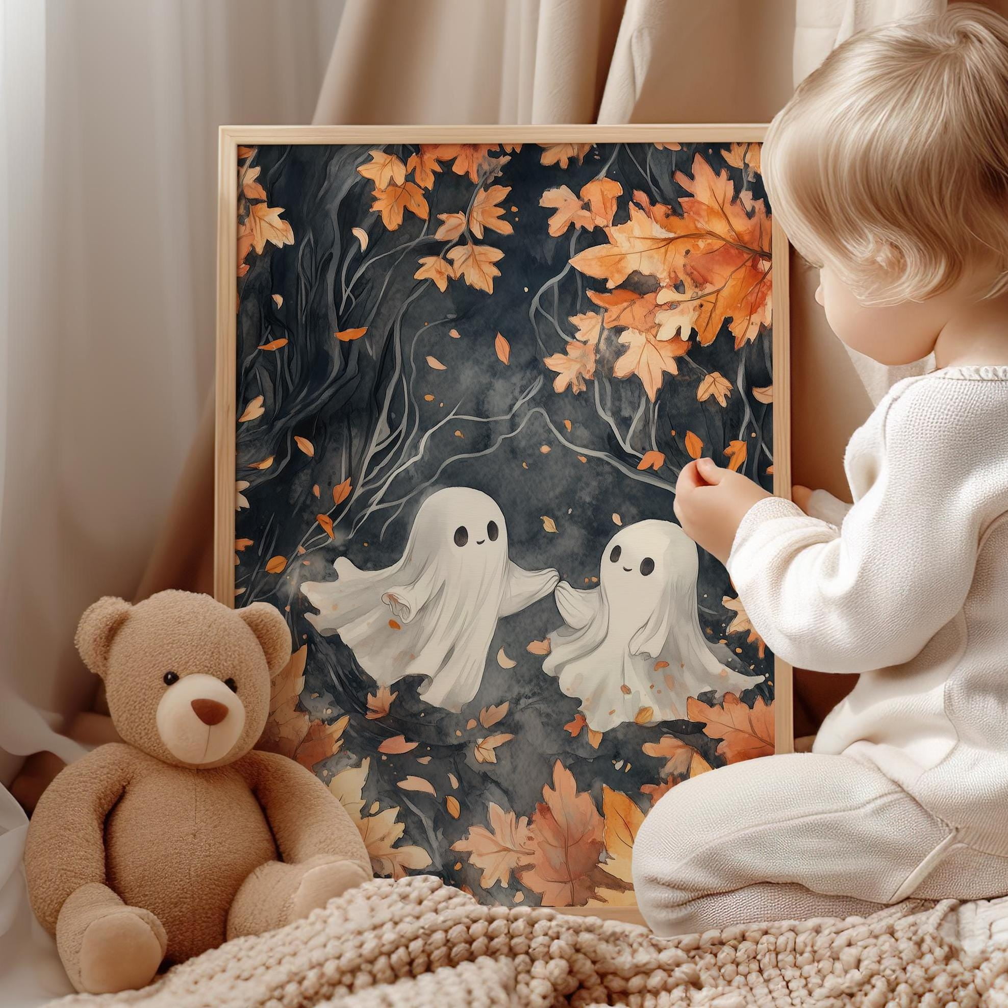 Cute Ghosts Playing In Autumn Leaves Whimsical Wall Art Poster Cute ...