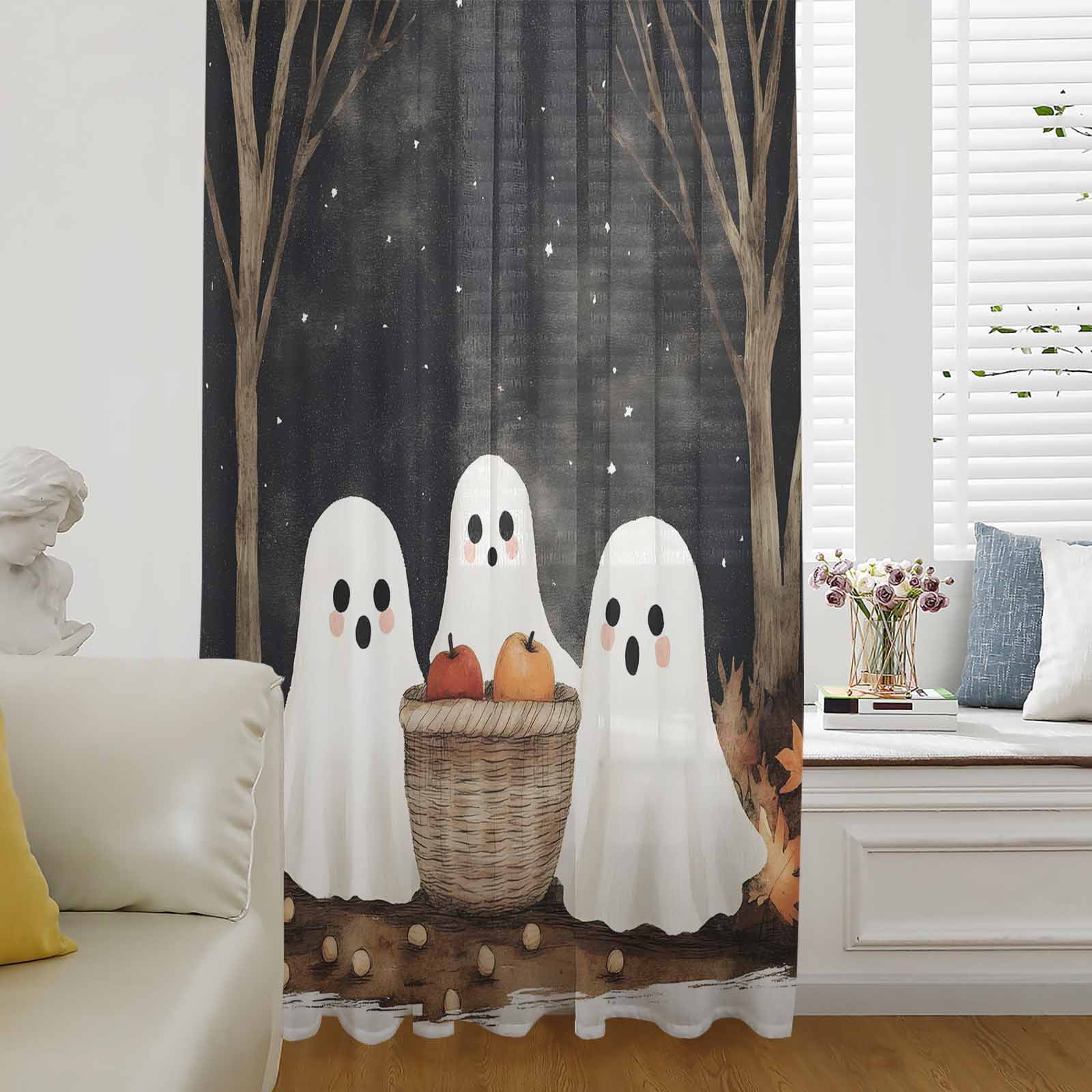 Cute Ghosts Semi Sheer Curtains Drapes for Living Room,Bedroom,French ...