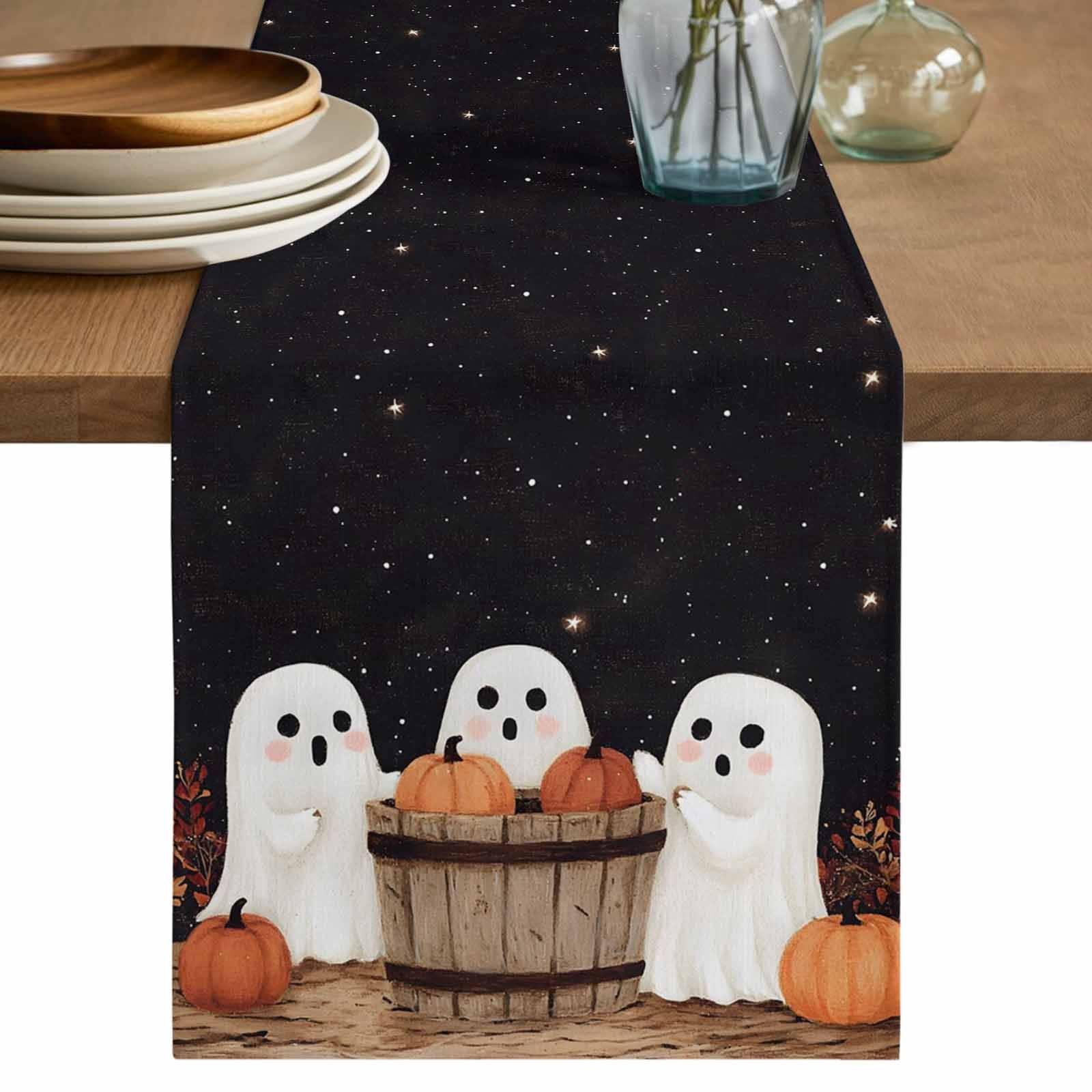 Cute Ghosts Table Runner 108 Inches, Autumn Orange Napkins Harvest ...
