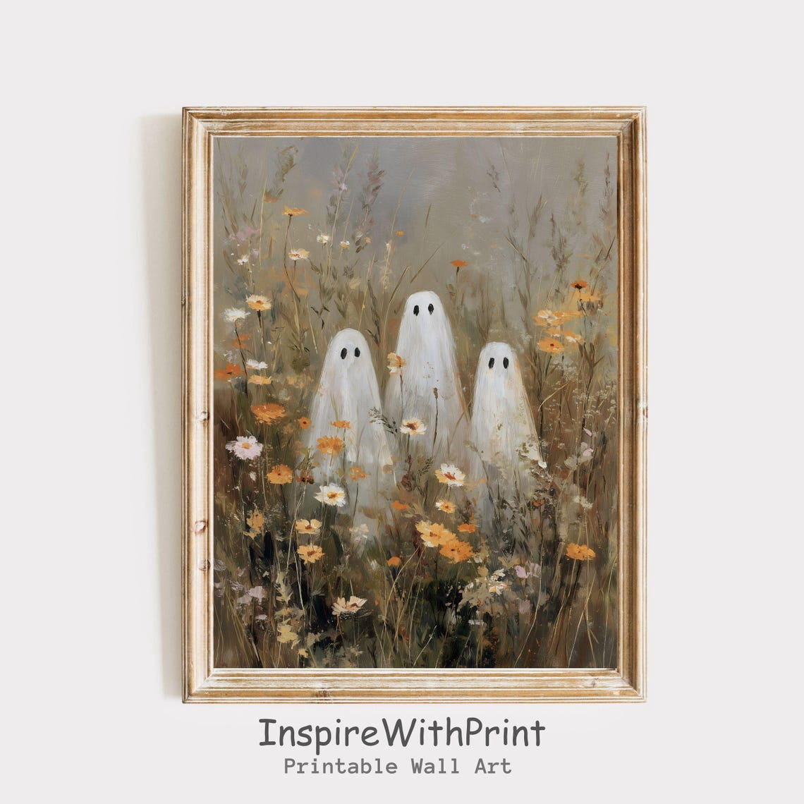 Cute Ghosts In Wildflower Meadow Field Poster, Vintage Fall Spooky Art ...