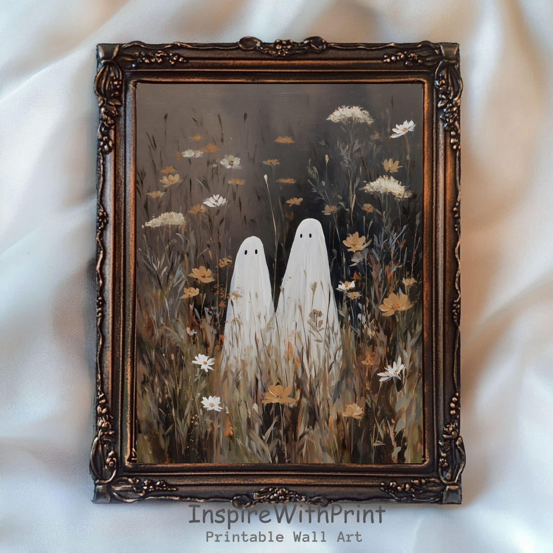 Cute Ghosts in Wildflower Meadow Field Print, Vintage Fall Spooky Art ...