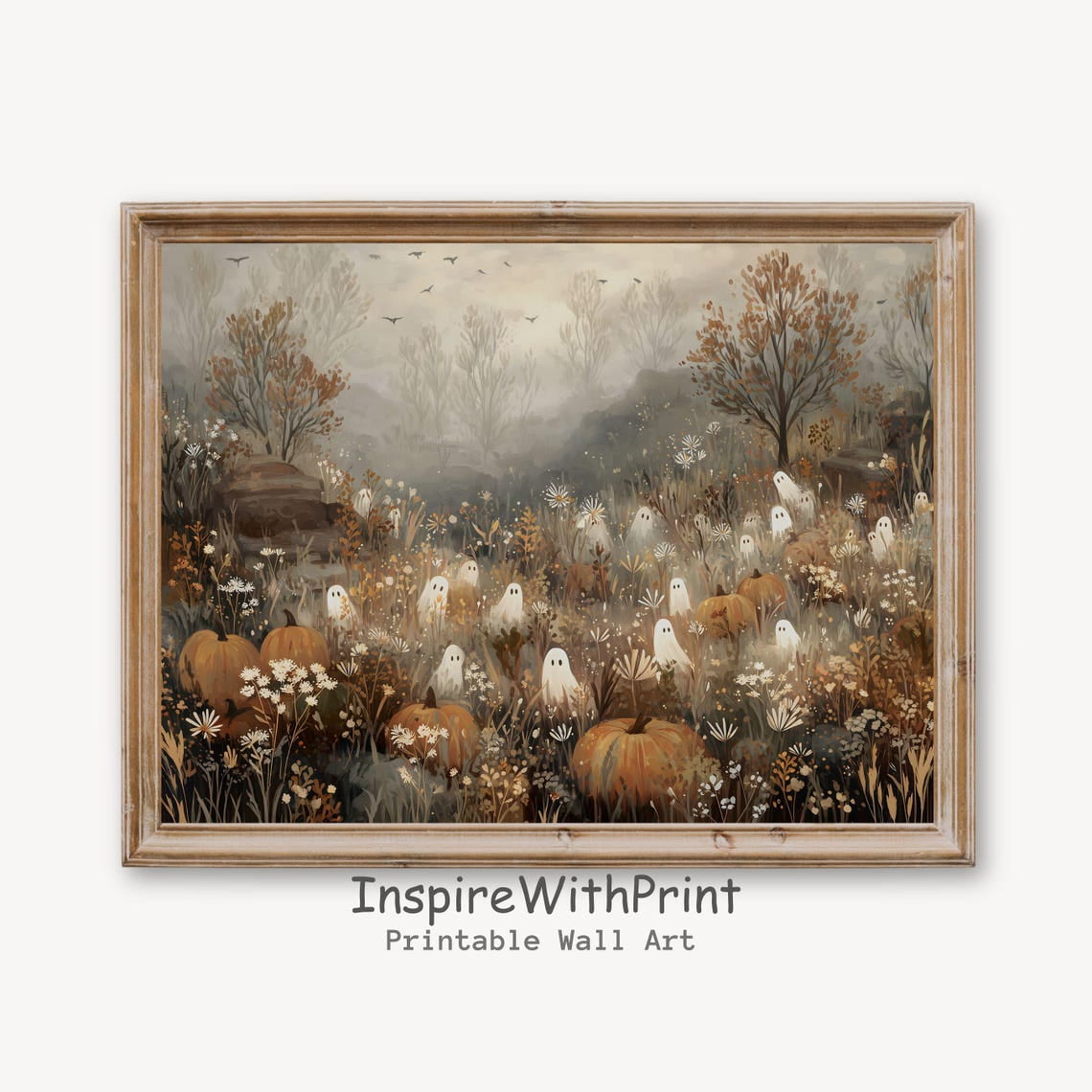 Cute Ghosts in Wildflower Meadow Field Print, Vintage Fall Spooky Art ...