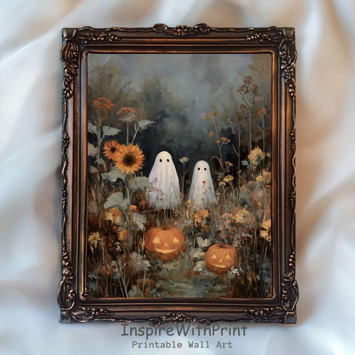 Cute Ghosts in Wildflower Meadow Field Print, Vintage Fall Spooky Art ...