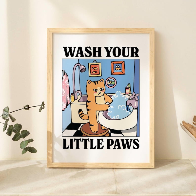 Cute Ginger Cat Bathroom Poster, Wash Your Paws Print, Orange Tabby Cat ...