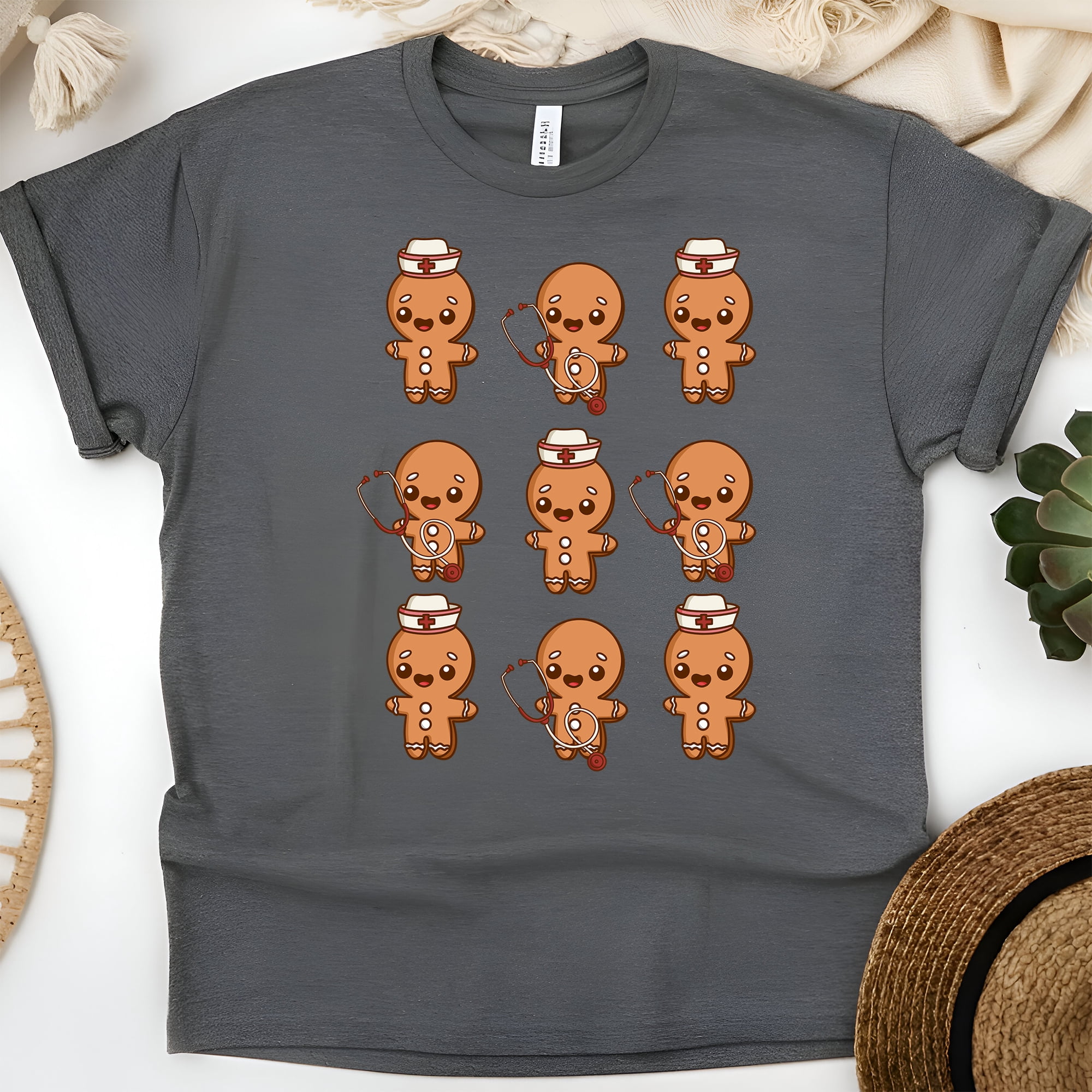 Cute Gingerbread Character Graphic T-Shirt for Men and Women, Unisex Casual Tee, Dark Heather ...