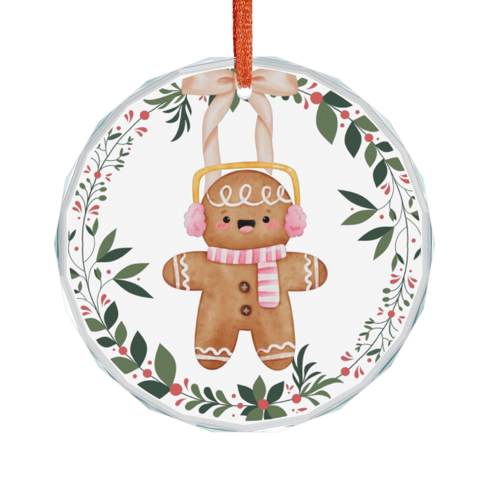 Cute Gingerbread Man Ornament – Pink Earmuffs Wreath Watercolor Glass ...