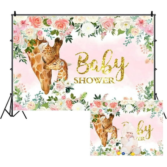 Cute Giraffe Baby Shower Backdrop Pink White Watercolor Flowers Baby ...