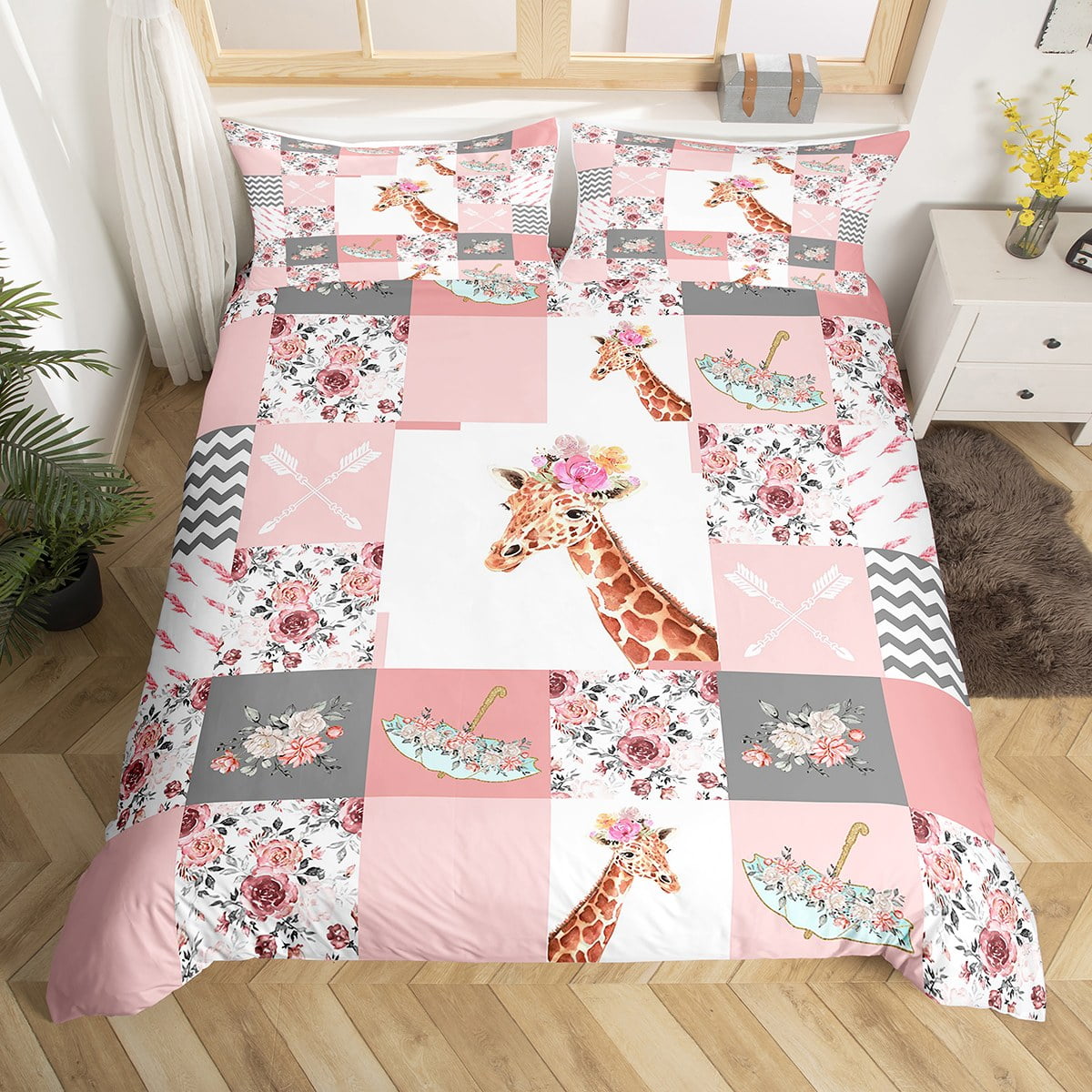 Cute Giraffe Bedding Set Queen Size For Kids Girls Kawaii Room Check Rose Flower Comforter Cover ...