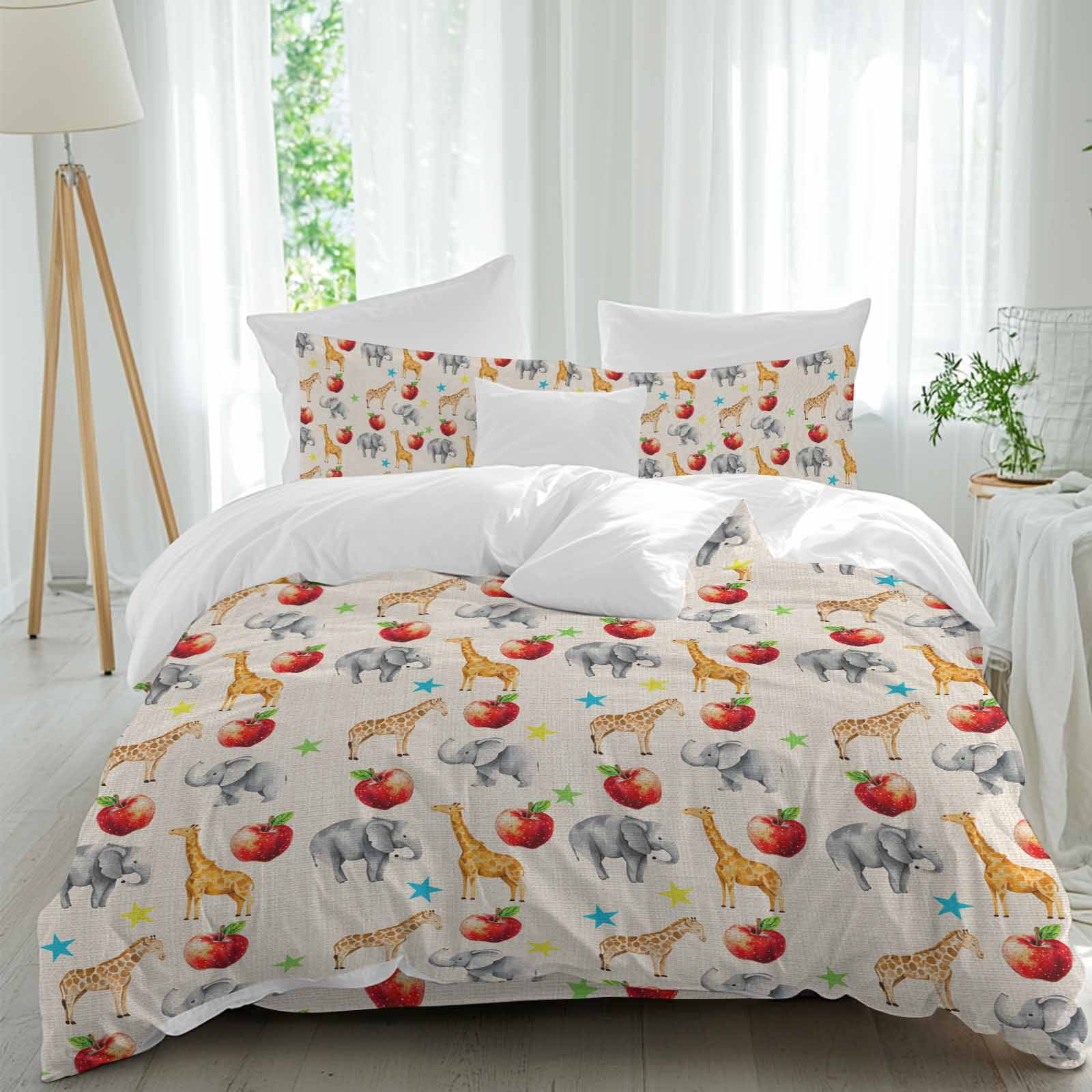 Cute Giraffe Elephant California King Duvet Cover Set, Blue Green Star ...