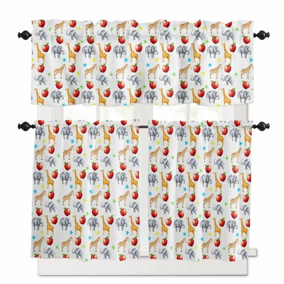 Cute Giraffe Elephant Kitchen Curtains Valance and Tier Set Blue Green ...