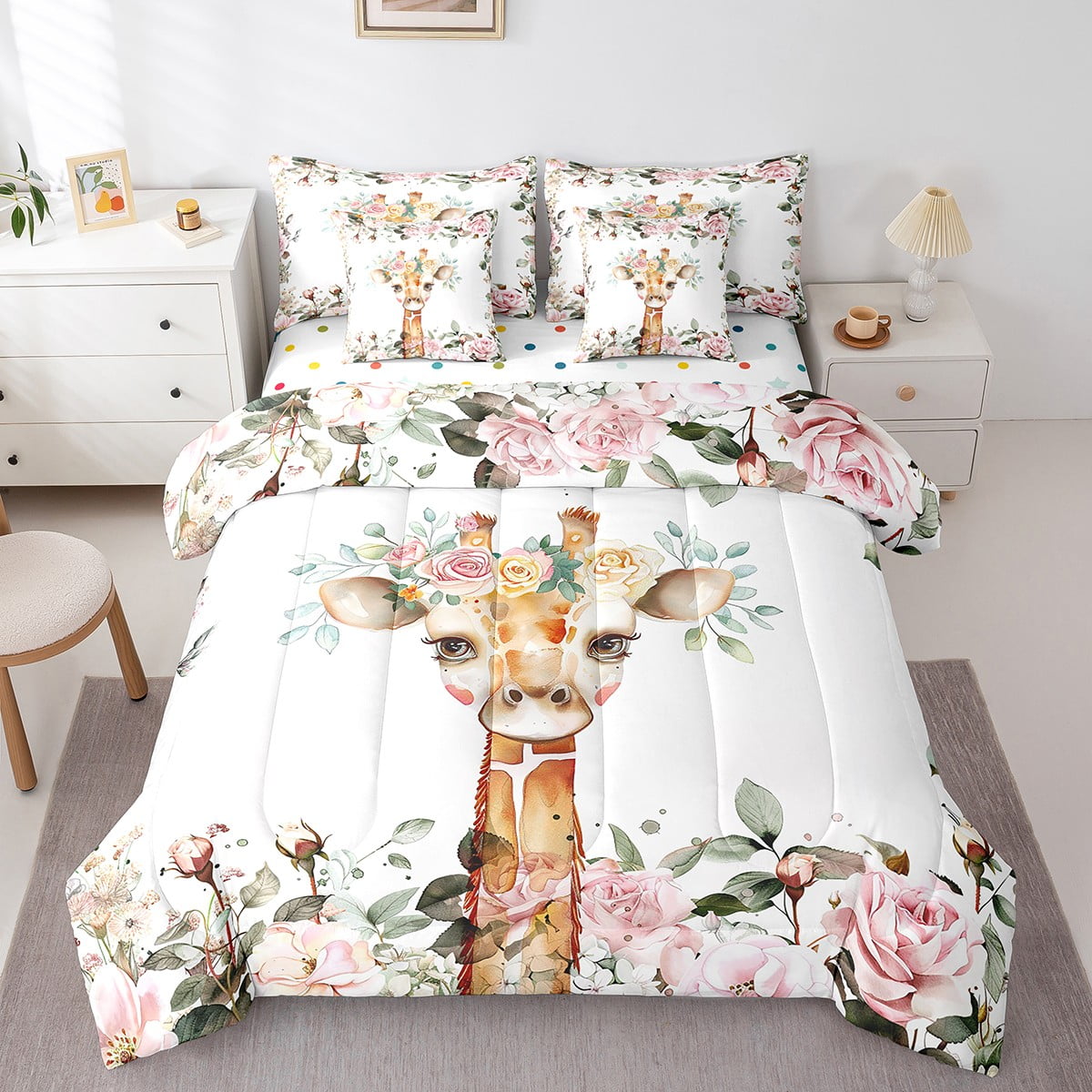 Cute Giraffe Queen Comforter Set 7-Piece Pink Rose Bedding Comforter ...