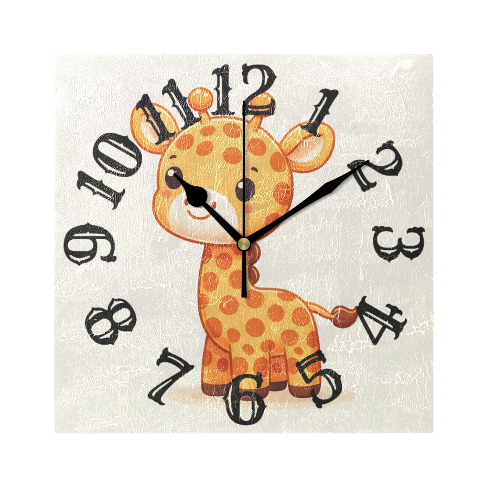 Cute Giraffe Wall Clock Square Silent Non Ticking Battery Operated Clock for Home Bathroom ...