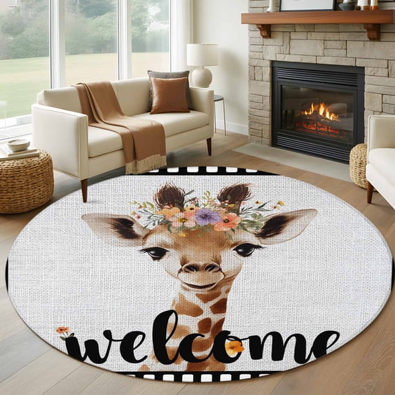 Cute Giraffes 7' Round Rug for Living Room Conversation Area, Welcome ...