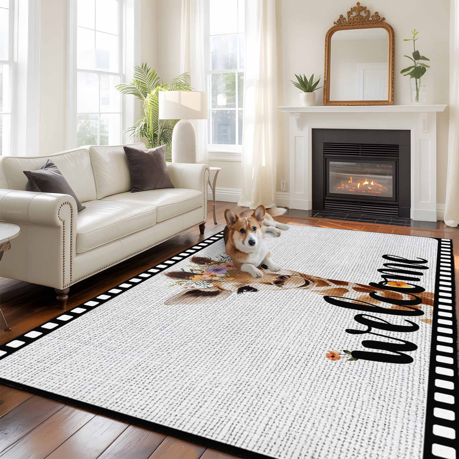 Cute Giraffes Area Rugs 5x7 ft Welcome Words Animal Flower Film ...