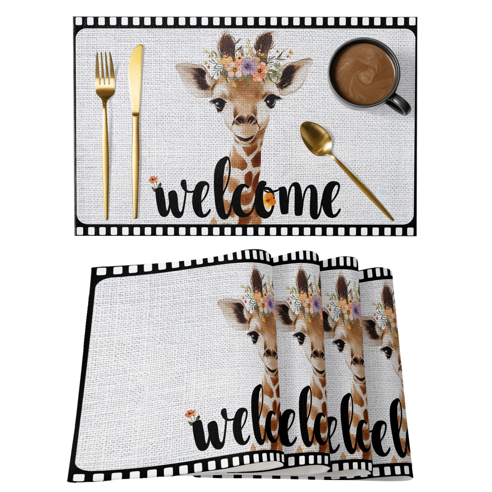 Cute Giraffes Cotton Linen Placemats Set of 1, Welcome Words Animal ...