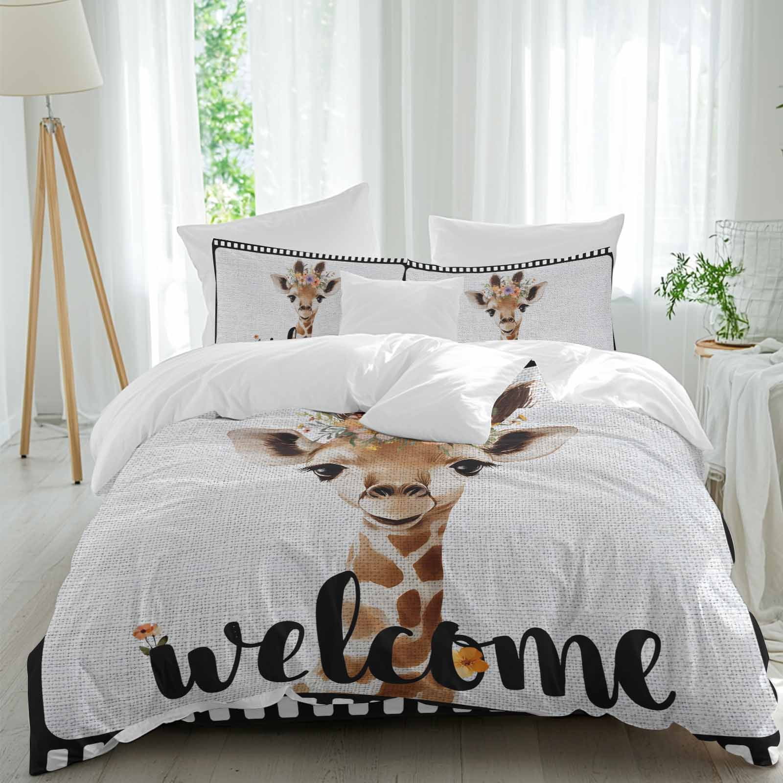 Cute Giraffes Duvet Cover Set Twin Size, Welcome Words Animal Flower ...