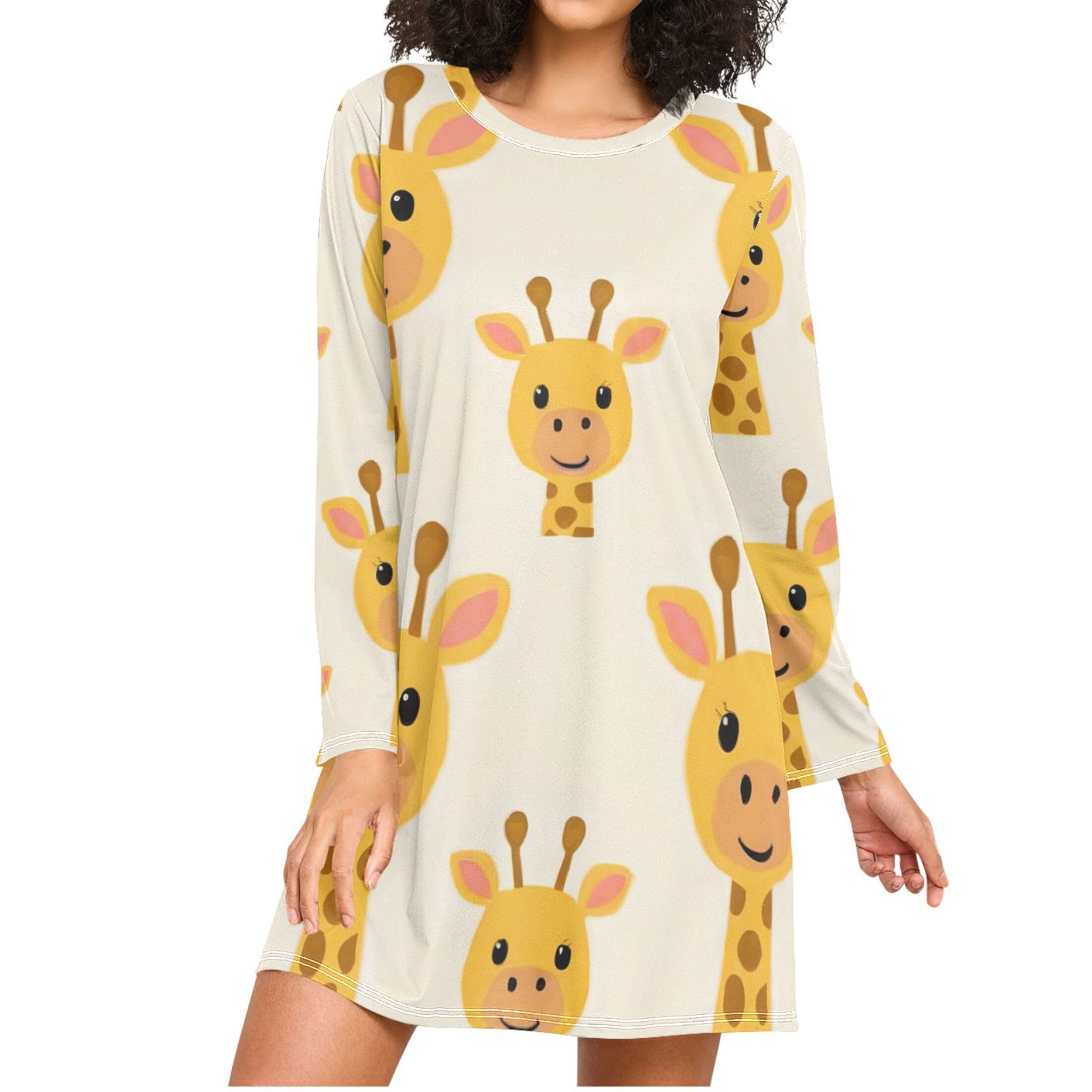 Cute Giraffes Faces Cartoon Women's Long Sleeves Nightgowns Sleepwear ...