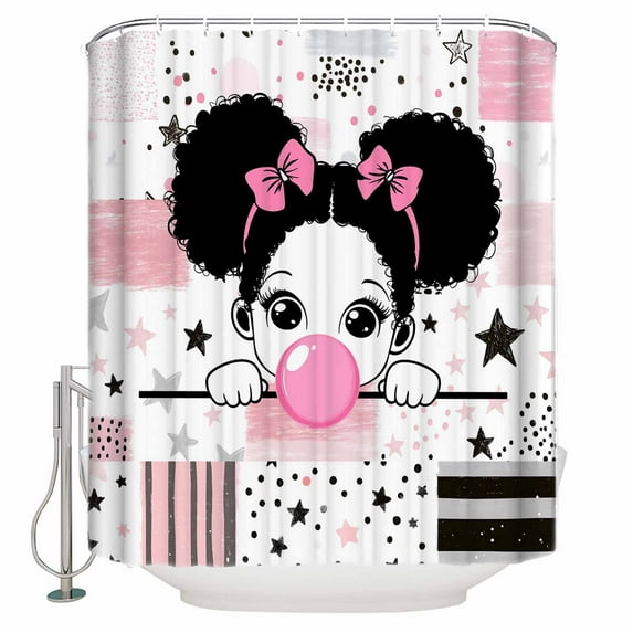 Cute Girl Bathroom Shower Curtains with 12 Hooks Polyester Waterproof ...