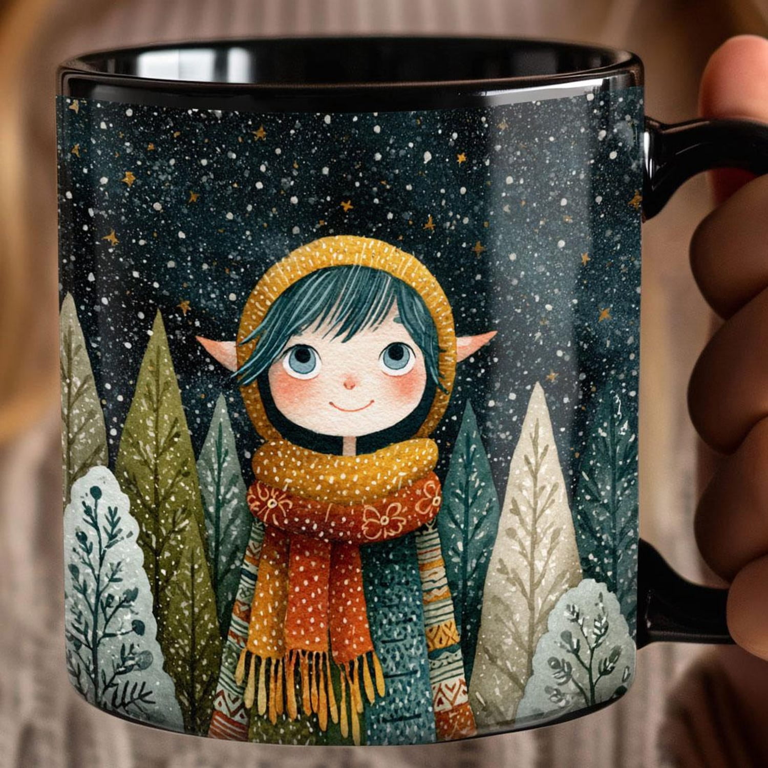 Cute Girl Elf in a Christmas Forest, Holiday Coffee Cup, Festive Tea ...