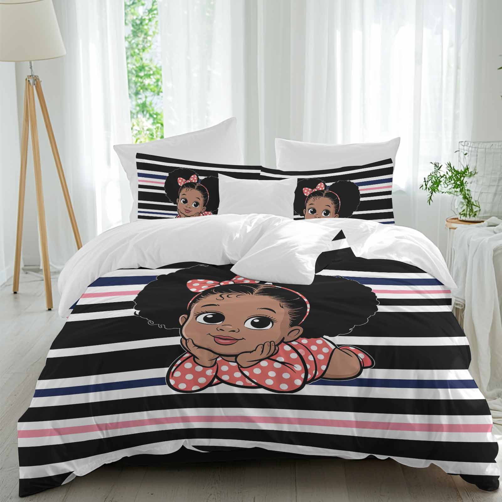 Cute Girl Full Duvet Cover Set, Black Pink White Stripe Bow Cartoon ...