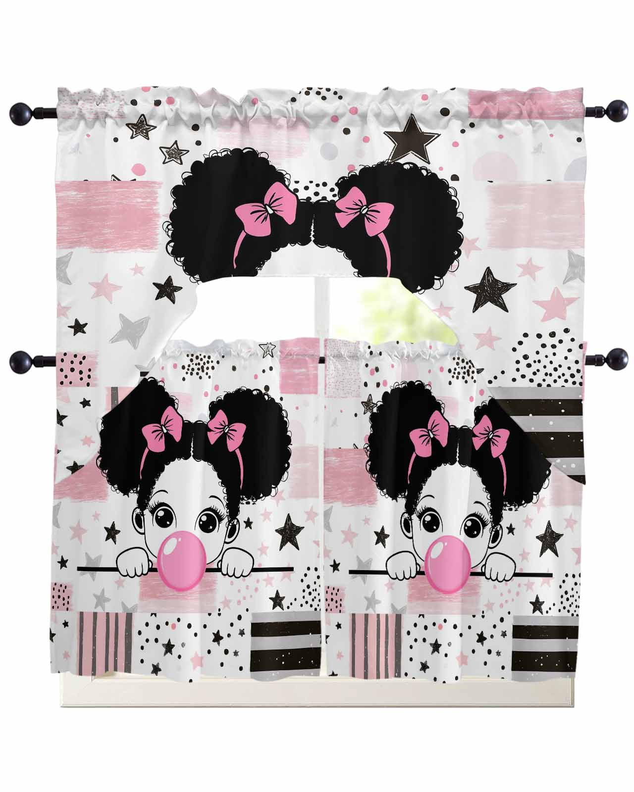 Cute Girl Kitchen Curtains Sets 24 Inch Length with Valance, Pink White ...