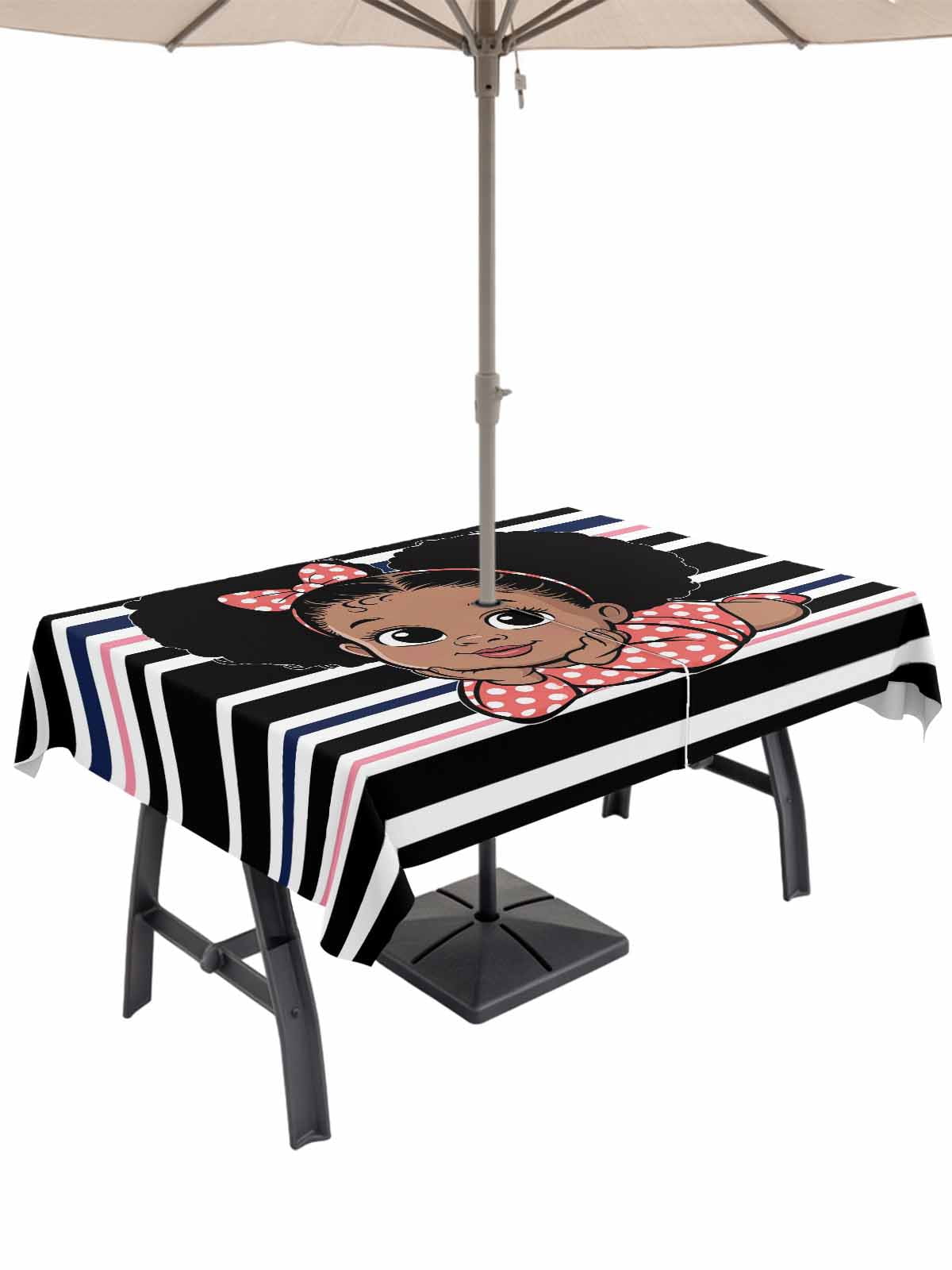 Cute Girl Rectangle Outdoor Tablecloth with Umbrella Hole Black Pink ...
