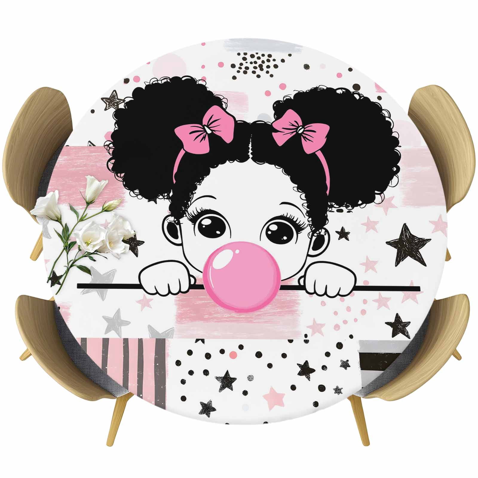 Cute Girl Round Tablecloth, Fitted Table Cover with Elastic for 36"-44 ...