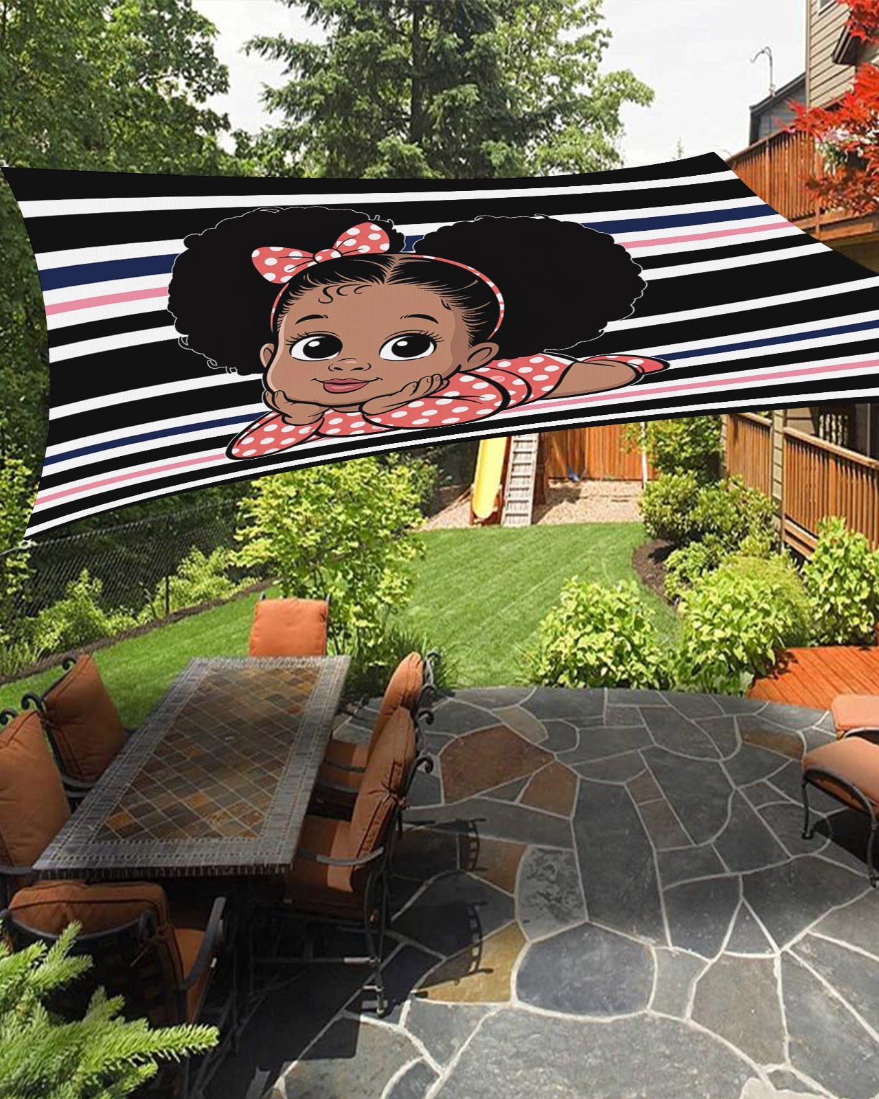 Cute Girl Sun Shade Sail 6.5'X10' Black Pink White Stripe Bow Cartoon ...