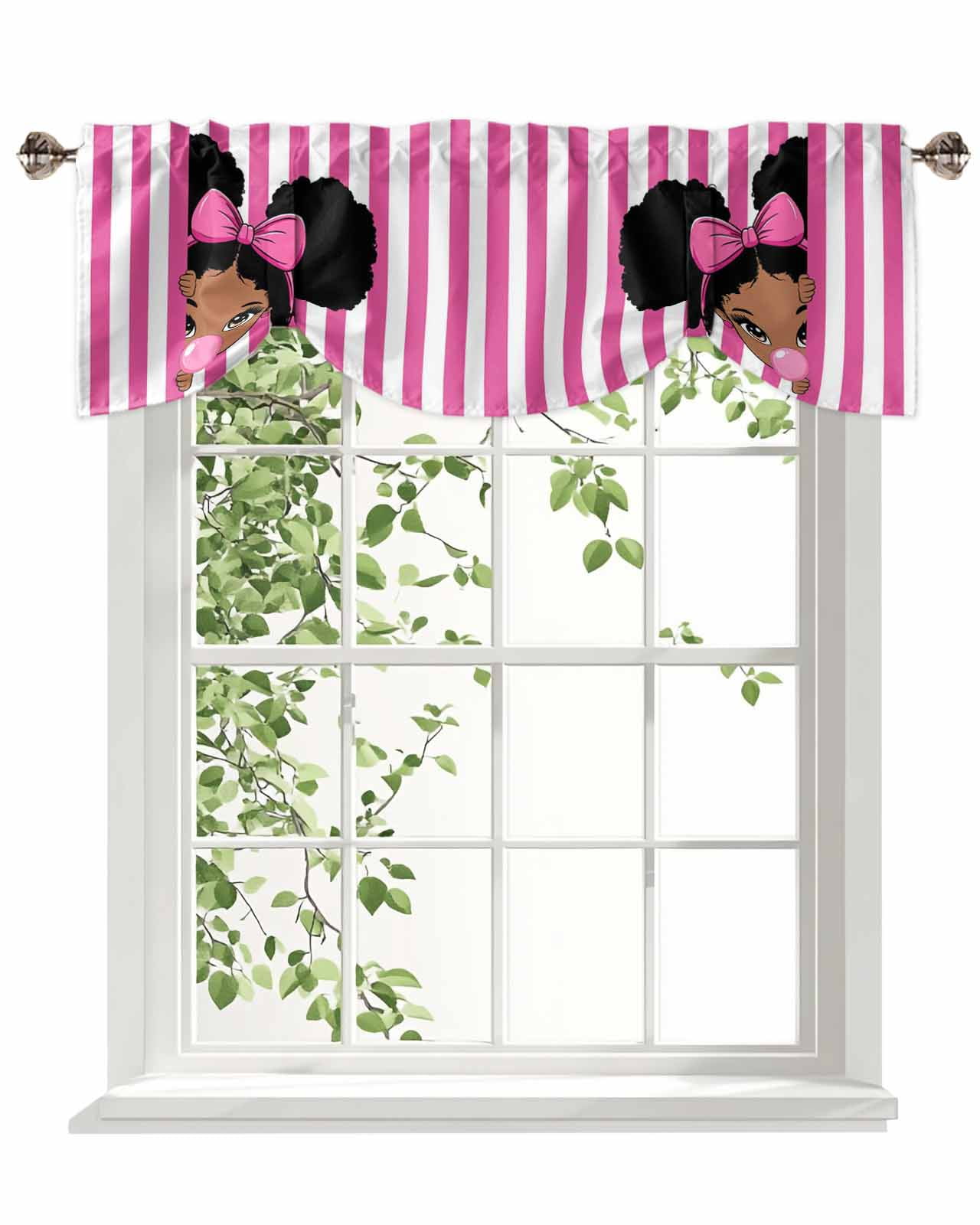 Cute Girl Tie Up Valances Curtain, Adjustable Kitchen Pink White Stripe ...