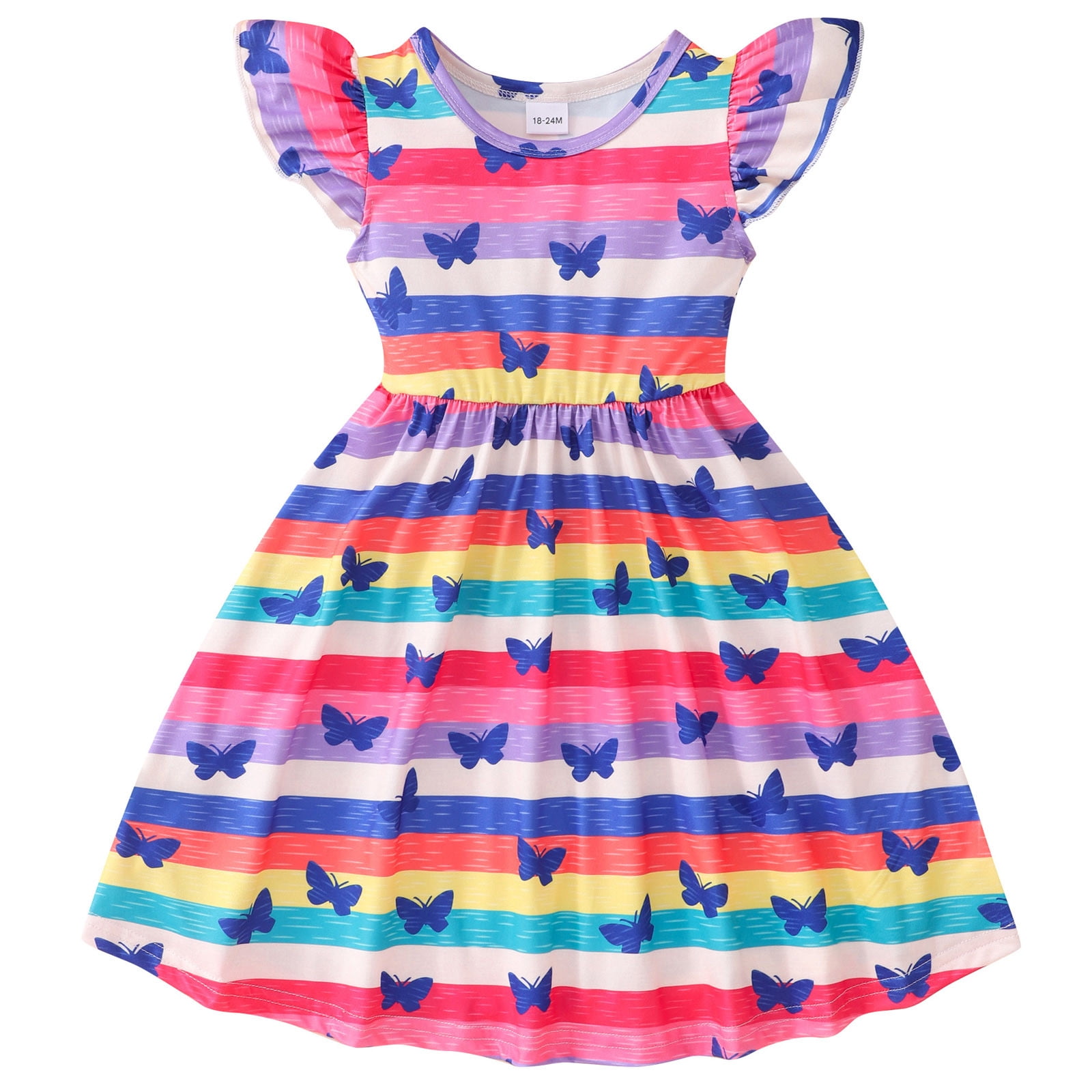 Cute Girls Dresses Child Fly Sleeve Cartoon Stripe Prints Summer Beach ...