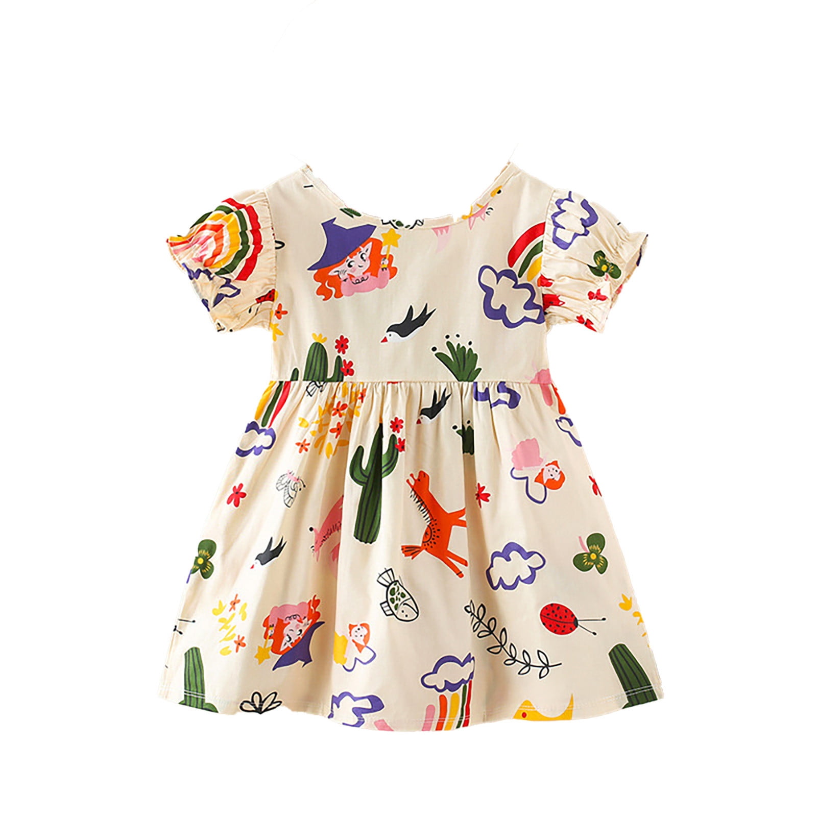 Cute Girls Dresses Short Sleeve Flower Print A-line Casual Prom Dress ...