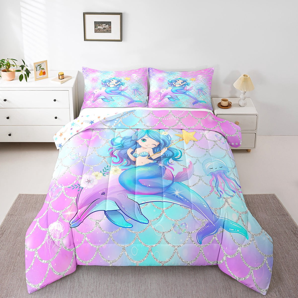 Cute Mermaid Queen Bedding Set,Kawaii Dolphin Jellyfish Comforter Set ...