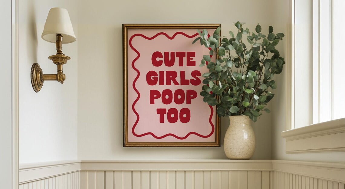 Cute Girls Poop Too Art Print, Funny Typography Bathroom Pink + Red ...