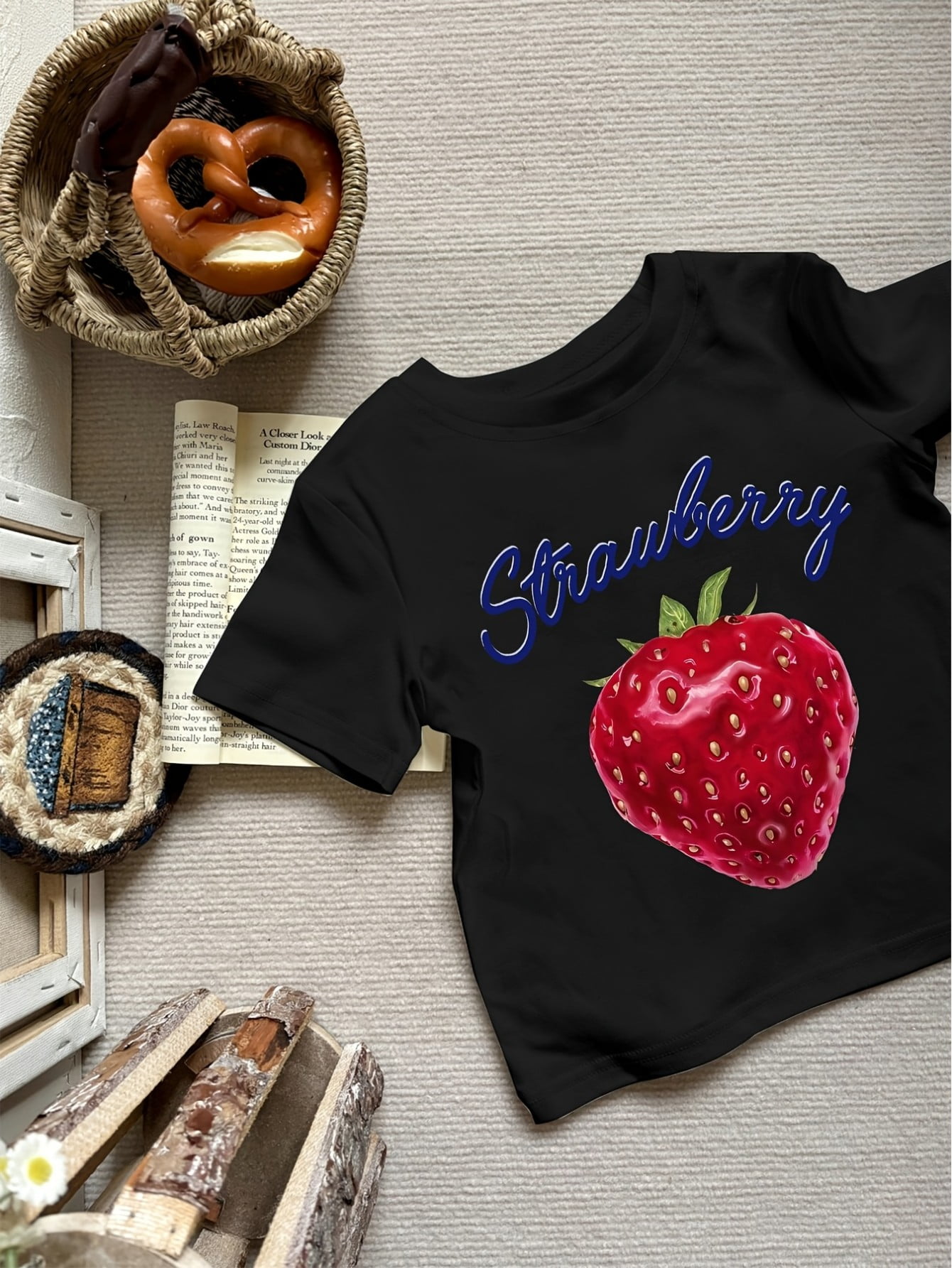 Cute Girls' Strawberry Print T-Shirt - Casual Cream-Colored, Round Neck ...