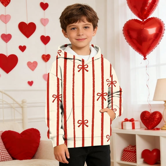 Cute Girls Valentine's Day Hoodie with Red Bows Stripes Kids Casual ...
