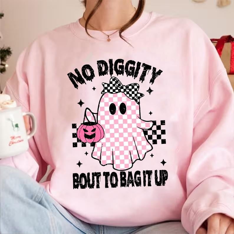 Cute Girly Ghost Halloween Sweatshirt with Pink Checkered Bow, Retro No ...