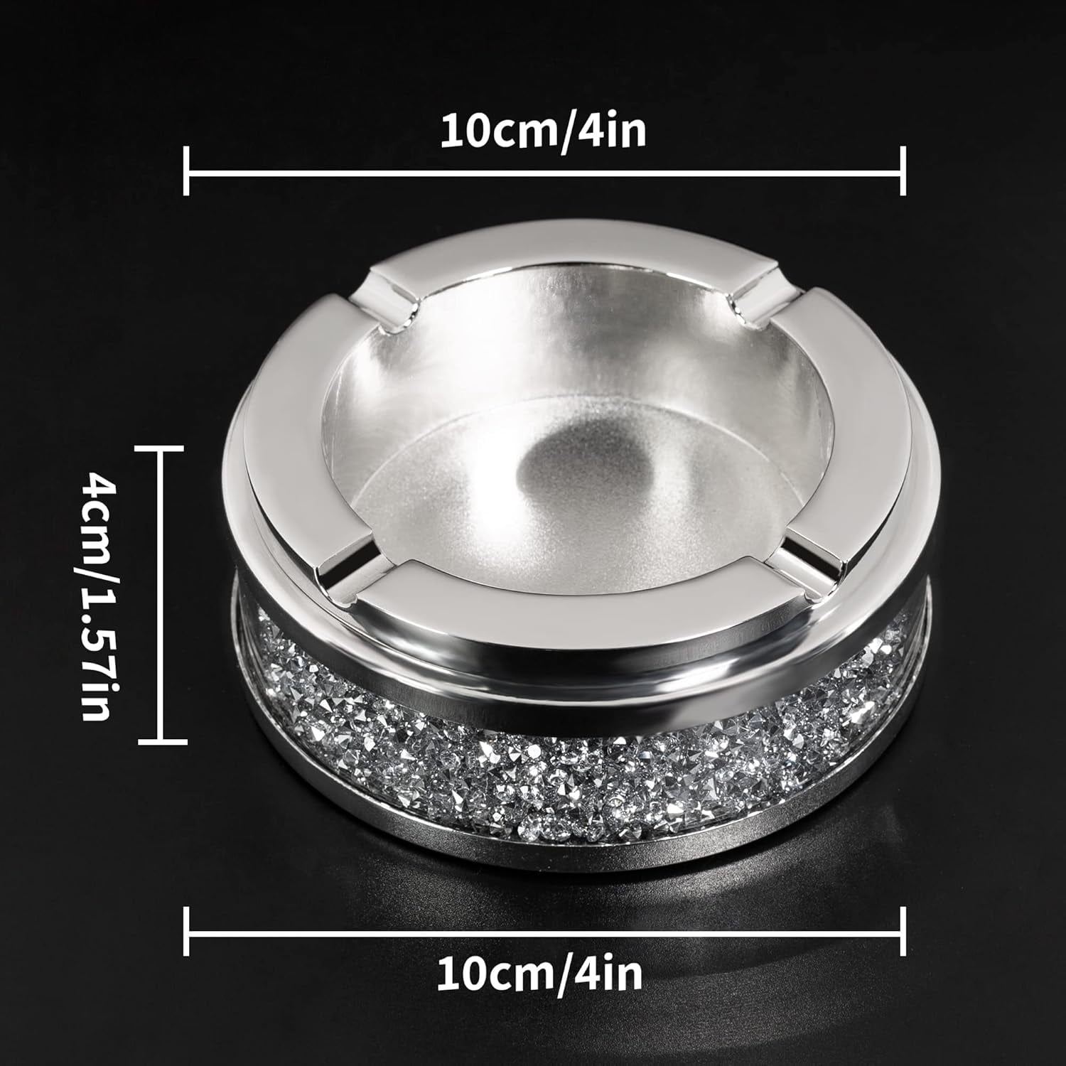 Cute Glass Ashtray with Crushed Diamond Design, Silver Stainless Steel ...