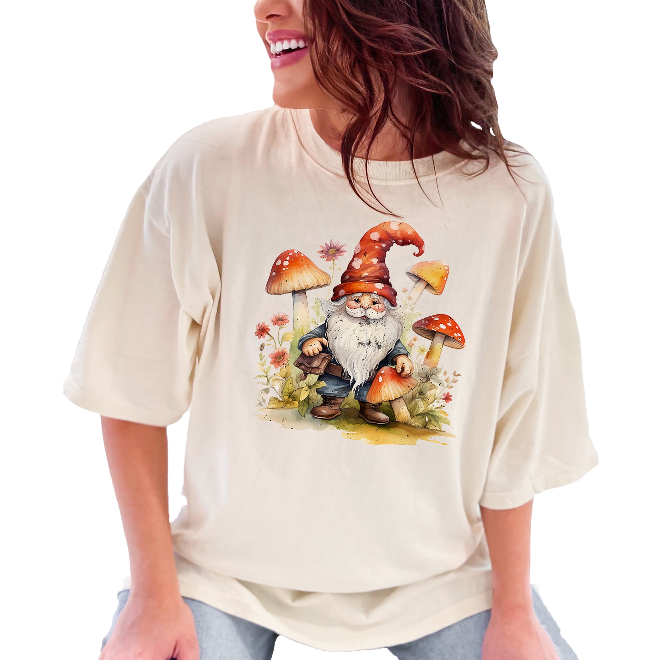 Cute Gnome with Mushrooms T-Shirt, Whimsical Garden Design, Fantasy Art ...