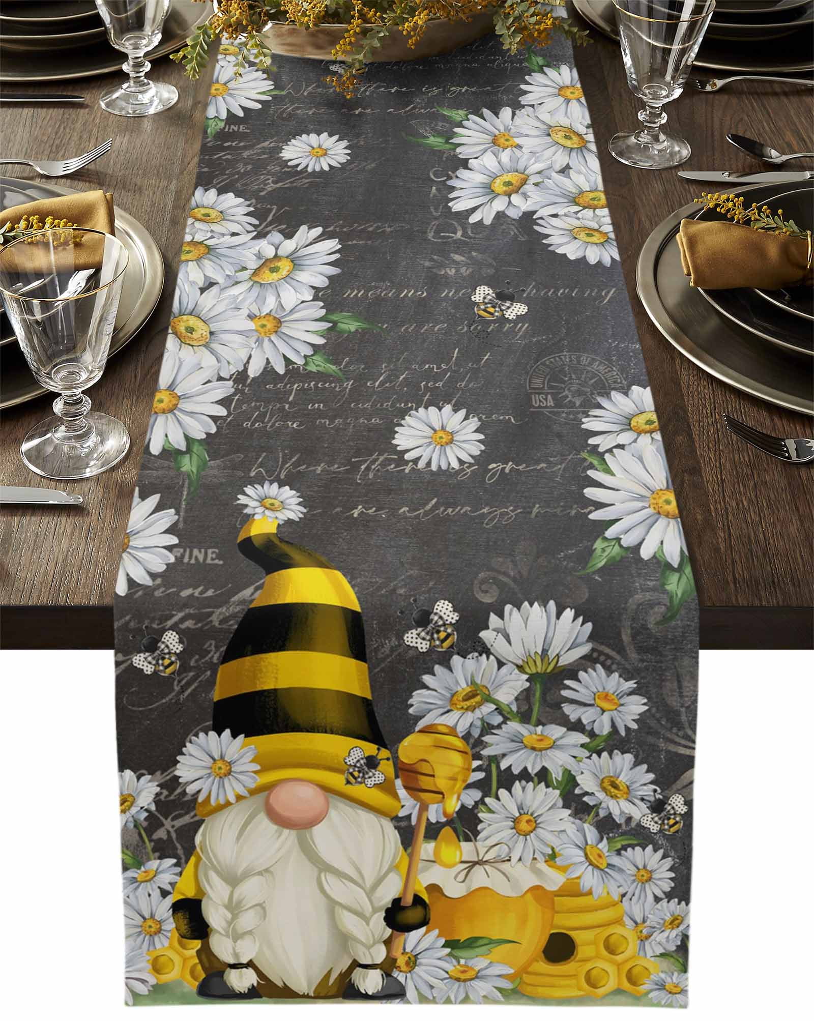 Cute Gnome White Daisy Floral Table Runners 13x36 Inches Long Linen ...