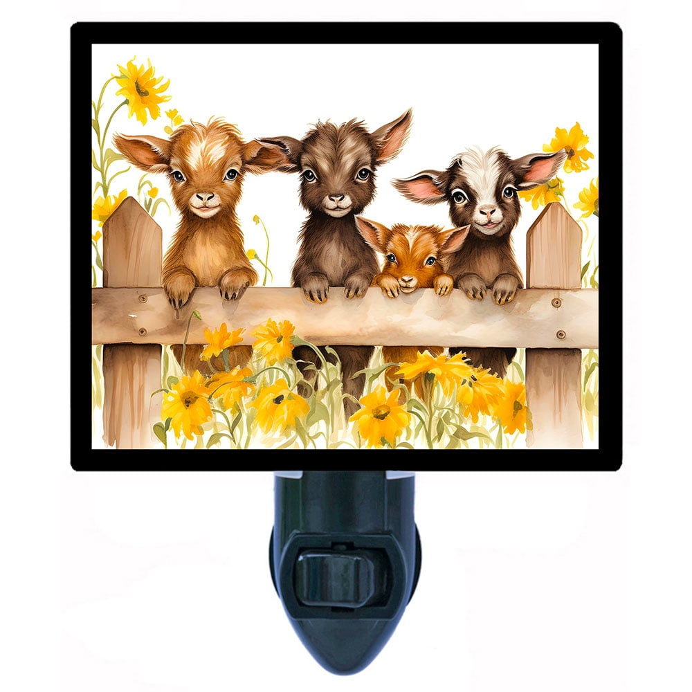 Cute Goats Night Light – Baby Goats on Fence with Yellow Flowers ...