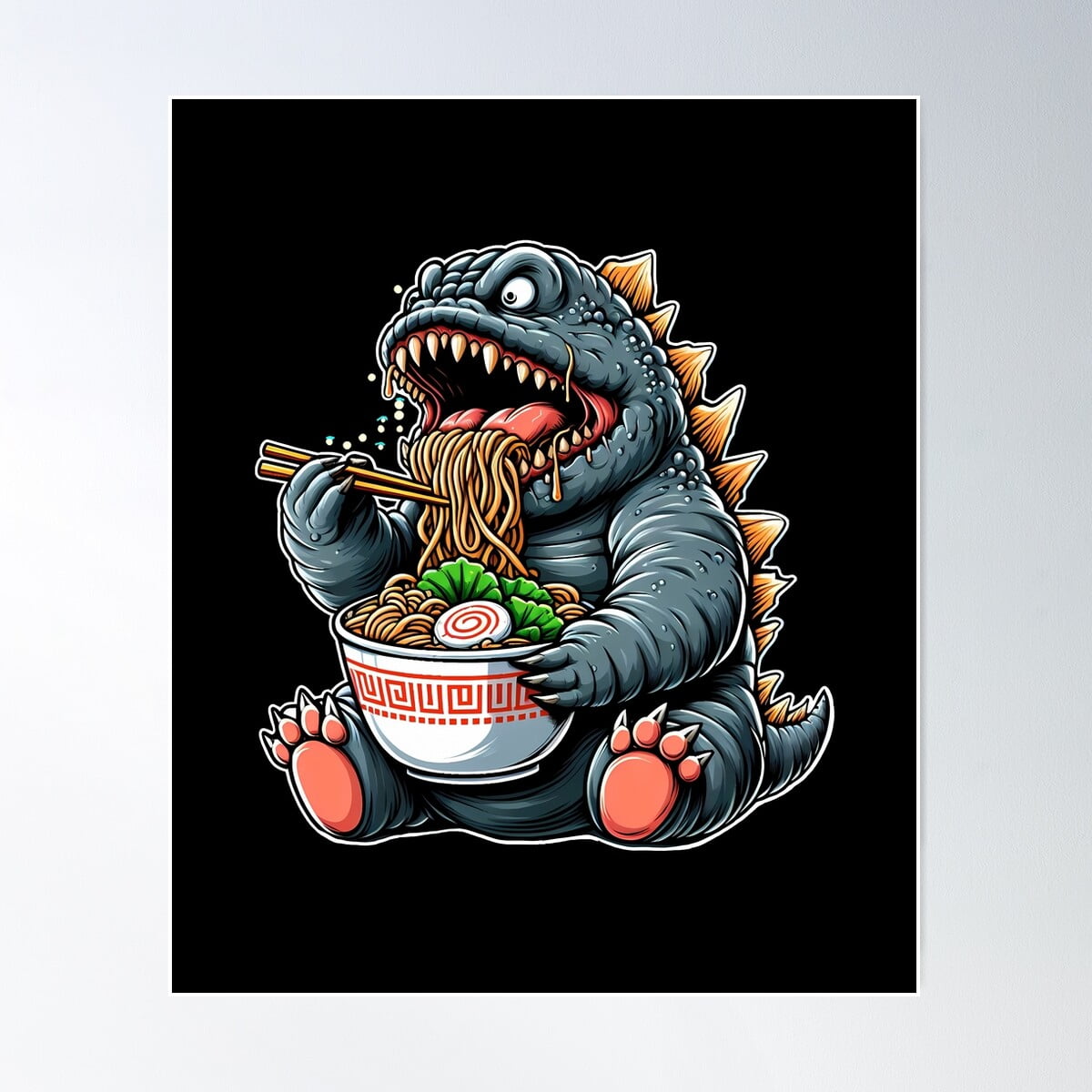 Cute Godzilla Eating Ramen Poster Wall Art, Modern Wall Decor For ...