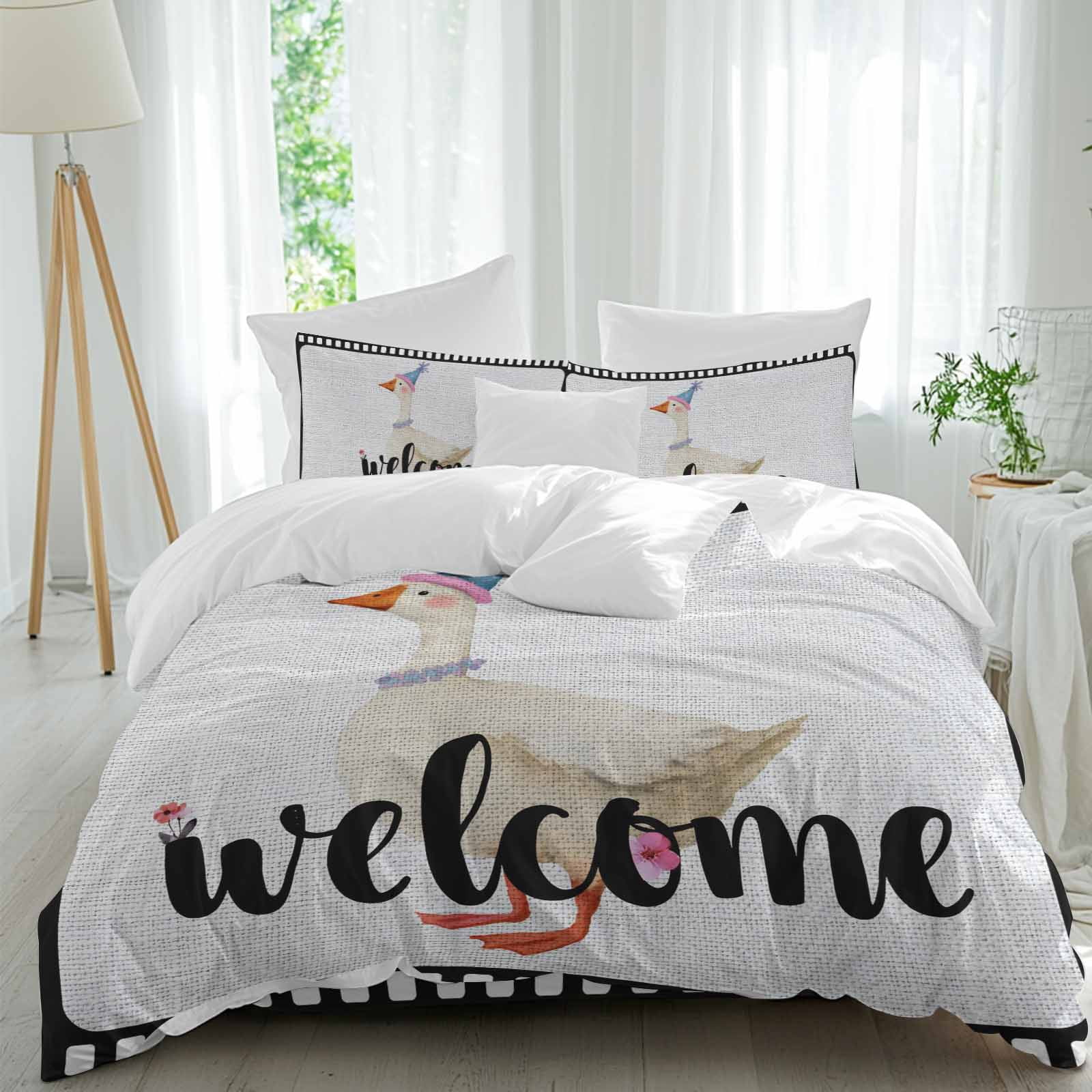 Cute Goose Comforter Set Queen Size, Welcome Words Animal Flower Film ...