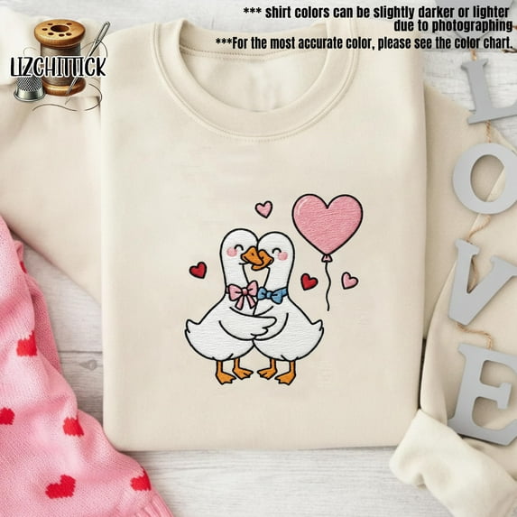 Cute Goose Couple Embroidered Sweatshirt, Love Ducks Design with Heart ...