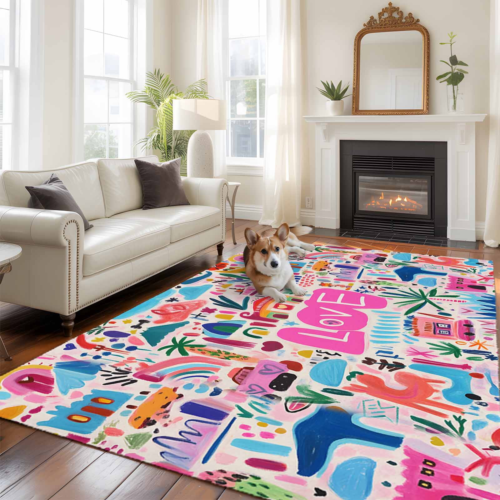 Cute Graffiti Area Rugs 5x7 ft LOVE Car House Abstract Modern Washable ...