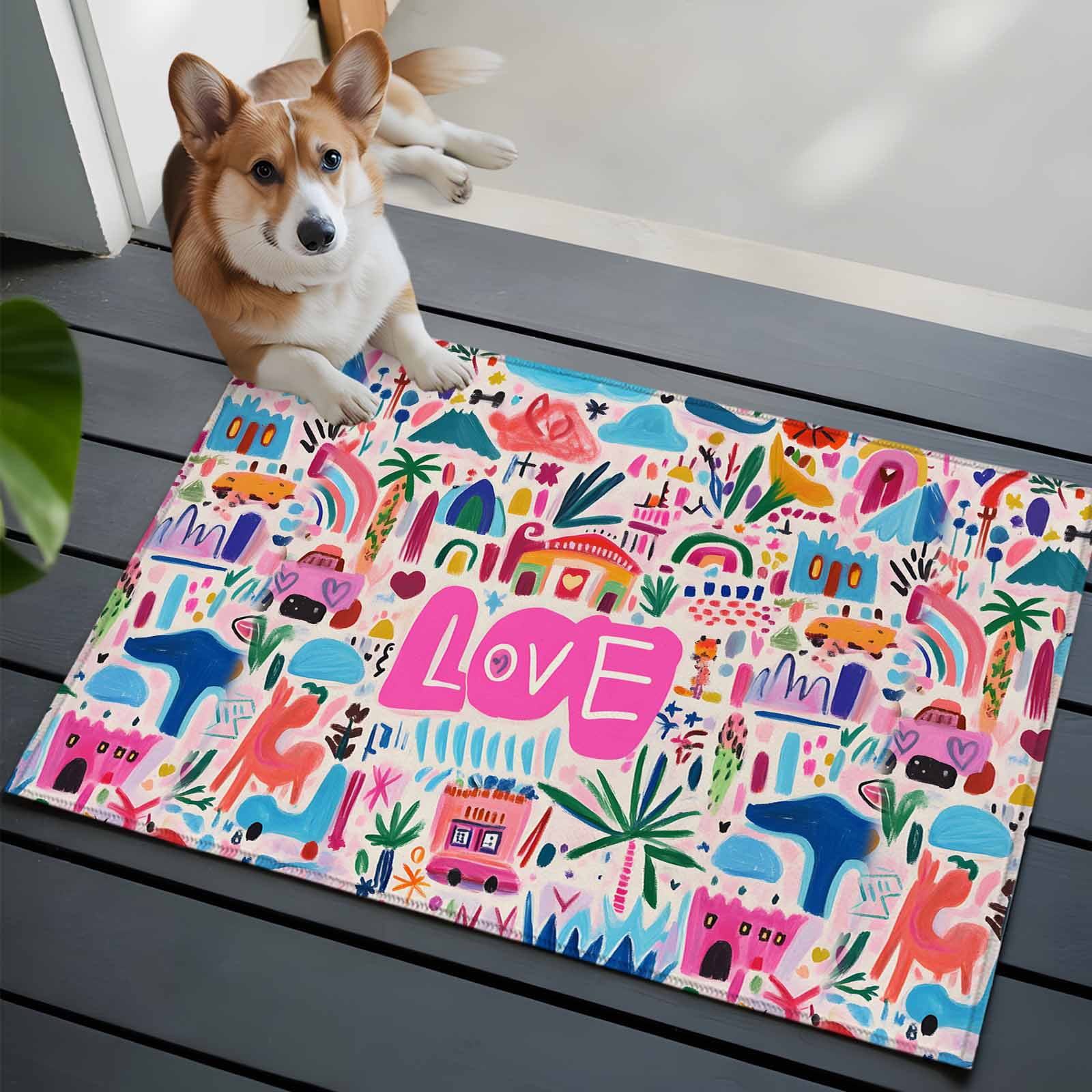Cute Graffiti Front Door Rugs 2x3 ft LOVE Car House Abstract Modern ...