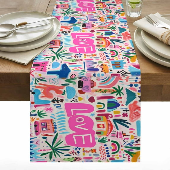 Cute Graffiti Table Runner 13x60 inch LOVE Car House Cotton Linen ...