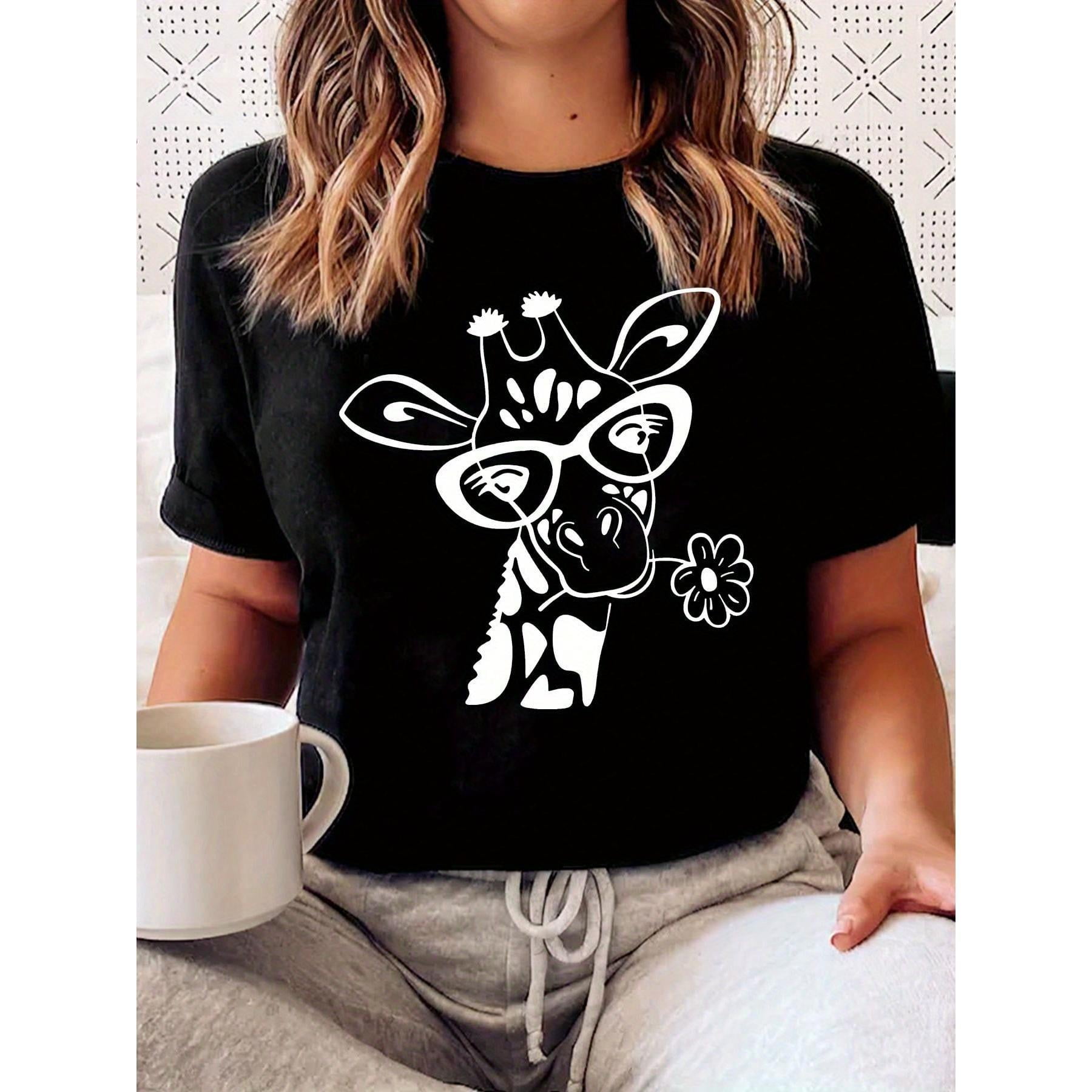 Cute Graphic Tee,Tops Has Giraffe Print,Round Neck Regular Fit T-shirts ...